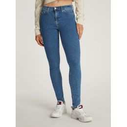 Skinny-fit-Jeans Tommy Jeans "NORA MR SKNY AH1280", Damen, Gr. 29, L&auml;nge 32, blau (denim medium1), Denim/Jeans, Obermaterial: 88% Baumwolle, 10% sonstige Fasern, 2% Elasthan, unifarben, skinny fit kn&ouml;chellang, Jeans, mit Logo-Badge