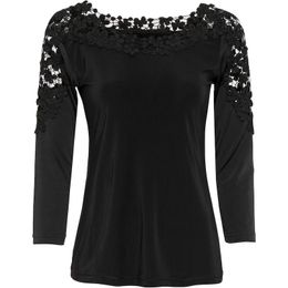 bonprix Damen bonprix T-Shirt &raquo;Shirt mit H&auml;keleinsatz und 3/4 Arm&laquo; Slim Fit Passform, 3/4-&Auml;rmel, mit H&auml;keleinsatz, Rundhalsausschnitt schwarz 40/42 (M