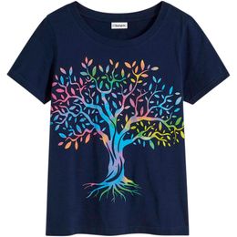 bonprix Damen bonprix T-Shirt &raquo;Bedrucktes T-Shirt aus Baumwolle&laquo; Loose Fit, Kurzarm-Design, aus Baumwolle, mit farbenfrohem Print blau 36/38 (S)