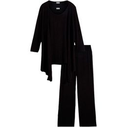 bonprix Damen bonprix Shirttop &raquo;Loungewear Hausanzug&laquo; Set, 3 Jacke mit 3/4-&Auml;rmeln, Tanktop, kn&ouml;chellange Hose, bequeme Passform schwarz 56/58 (XXXL)