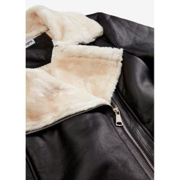 bonprix Damen bonprix Bikerjacke unifarbenes Design mit Farbeins&auml;tzen, mit Fellimitatkragen schwarz 34