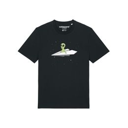 wat? Apparel T-Shirt Alien on a paper plane in Schwarz | Gr.: 48