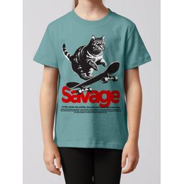 wat? Apparel T-Shirt Savage Cat in Teal Monstera | Gr.: 152-164
