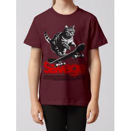 wat? Apparel T-Shirt Savage Cat in Weinrot | Gr.: 134-146