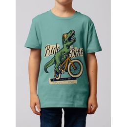 wat? Apparel T-Shirt T-Rex Fahrrad in Teal Monstera | Gr.: 110/116