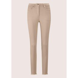Madeleine Mode Regular-fit-Jeans MADELEINE "Jeans Mid Waist Skinny-Hose mit Fransen", Damen, Gr. 18, K-Gr, beige (berber), Obermaterial: 92% Baumwolle CO. 6% Polyester PES. 2% Elasthan EL., Jeans