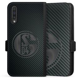 DeinDesign Galaxy A50 Handy Klapph&uuml;lle Handyh&uuml;lle aus Kunst Leder schwarz Flip Case Fc Schalke 04 Metallic Look Carbon Sideflip mit Lasche