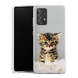 DeinDesign Galaxy A52s 5G Handy Silikon H&uuml;lle Case wei&szlig; Handyh&uuml;lle Cat Pet Feather Silikon Case