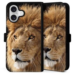 DeinDesign iPhone 16 Handy Klapph&uuml;lle Handyh&uuml;lle aus Kunst Leder schwarz Flip Case Jungle Lion Photography Sideflip mit Lasche