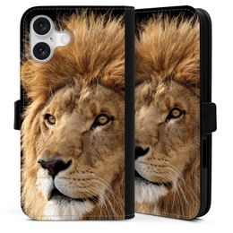 DeinDesign iPhone 16 Plus Handy Klapph&uuml;lle Handyh&uuml;lle aus Kunst Leder schwarz Flip Case Jungle Lion Photography Sideflip mit Lasche