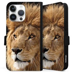 DeinDesign iPhone 14 Pro Max Handy Klapph&uuml;lle Handyh&uuml;lle aus Kunst Leder schwarz Flip Case Jungle Lion Photography Sideflip mit Lasche
