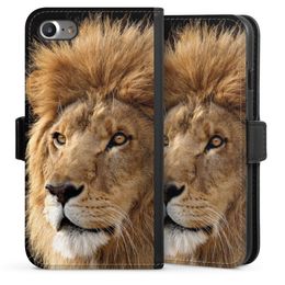 DeinDesign iPhone SE (2020) Handy Klapph&uuml;lle Handyh&uuml;lle aus Kunst Leder schwarz Flip Case Jungle Lion Photography Sideflip mit Lasche