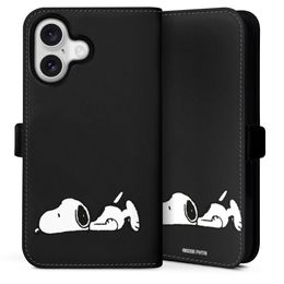 DeinDesign iPhone 16 Handy Klapph&uuml;lle Handyh&uuml;lle aus Kunst Leder schwarz Flip Case Official Licensed Product Snoopy Peanuts Sideflip mit Lasche