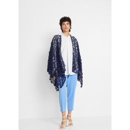 bonprix Damen Strickponcho, blau, Obermaterial: 100% Polyester, Pullover, aus Polyester, mit Blumenmuster, l&auml;ssig geschnittene Passform