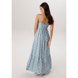 Damen Sommerkleid, blau, Gr. 48, Aniston SELECTED, bedruckt, gebl&uuml;mt, gemustert, Web, Obermaterial: 100% Viskose, Kleider, mit Jeansbesatz und