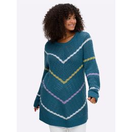 Rundhalspullover sheego "Pullover", Damen, Gr. 52/54, topas, gemustert, 80% Polyacryl, 20% Baumwolle, gemustert, gestreift, mehrfarbig, Pullover Rundhalspullover