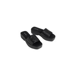 Pantolette Calvin Klein "FLATF SNDL LTH MG", Damen, Gr. 40, schwarz, Nappaleder, Basic, Schuhe Pantolette, Strandschuh, Sommerschuh, Flat, Plateauschuh mit CK-Logo
