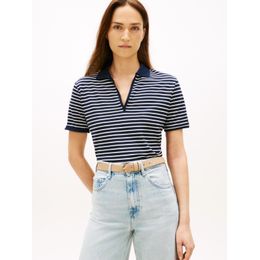 Poloshirt Tommy Hilfiger "LYOCELL PIQUE OPEN-NK SS POLO", Damen, Gr. L (42/44), small brt stp schwarz night, ecru, Single Jersey, Obermaterial: 65% Lyocell, 32% Baumwolle, 3% Elasthan, gestreift, gerade normal, V-Ausschnitt, Shirts, mit kleinem Logo-Stick