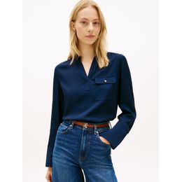 Langarmbluse Tommy Hilfiger "VIS TWILL V NECK BLOUSE LS", Damen, Gr. 34, schwarz night navy, Web, Obermaterial: 100% Viskose, unifarben, normal, Blusen Langarmbluse, mit Knopfleiste