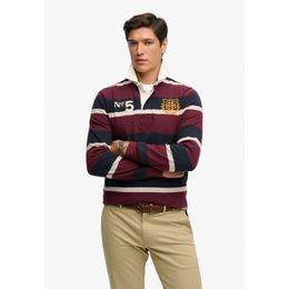 Langarmshirt Superdry "DOUBLE EMBLEM STRIPE RUGBY", Herren, Gr. M, port, navy stripe, Single Jersey, Obermaterial: 100% Baumwolle, gestreift, relaxed fit normal, ohne Ausschnitt, Shirts Langarmshirt