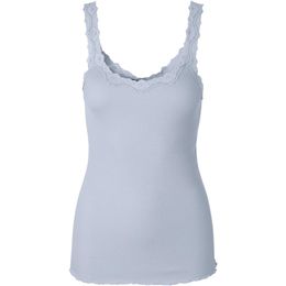 Spitzentop rosemunde "Babette Silk Top", Damen, Gr. XL, blau (heather sky), Feinripp, Obermaterial: 70% Seide, 30% Baumwolle, unifarben, k&ouml;rpernah h&uuml;ftbedeckend, Rundhals, Tops Spitzentop, umgedrehter Vintage-Spitzenbesatz, feminin, bequem, Seidenmix