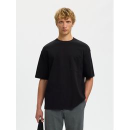 T-Shirt Selected "SLHLOOSEOSCAR POCKET SS TEE NOOS", Herren, Gr. S, schwarz, Jersey, Obermaterial: 44% Baumwolle, 35% Polyester, 21% Elastomultiester, unifarben, loose fit normal, Rundhals, Shirts T-Shirt
