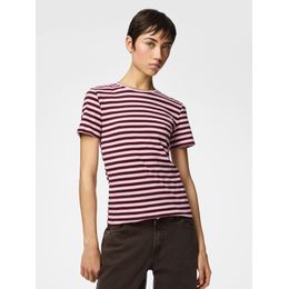 Kurzarmshirt Pieces "PCRUKA SS TOP JRS NOOS BC", Damen, Gr. XL, roseate spoonbill stripes:tawny port, Jersey, Obermaterial: 95% Baumwolle, 5% Elasthan, gestreift, slim fit normal, Rundhals, Shirts Kurzarmshirt, mit gerippter Struktur