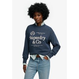 Sweatshirt Superdry "LUXE CASUAL EMB LOOSE CREW", Damen, Gr. S, richest navy, Sweatware, Obermaterial: 100% Baumwolle, bedruckt, relaxed fit normal, Rundhals, Sweatshirts Sweatshirt