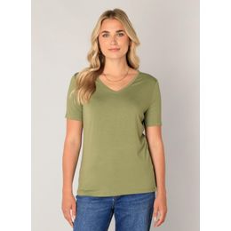 T-Shirt Base Level "Yanic", Damen, Gr. 44, gr&uuml;n, Single Jersey, Obermaterial: 96% Viskose, 4% Elasthan, unifarben, regular fit h&uuml;ftbedeckend, V-Ausschnitt, Shirts T-Shirt, mit V-Ausschnitt