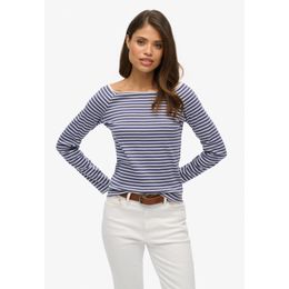 Langarmshirt Superdry "BARDOT OFF SHOULDER TOP", Damen, Gr. XL, mariner navy stripe, Single Jersey, Obermaterial: 100% Baumwolle, gestreift, regular fit normal, U-Boot-Ausschnitt, Shirts Langarmshirt, mit U-Boot Ausschnitt und Wellenkante am Bund