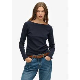 Langarmshirt Superdry "BARDOT OFF SHOULDER TOP", Damen, Gr. S, eclipse navy, Single Jersey, Obermaterial: 100% Baumwolle, gestreift, regular fit normal, U-Boot-Ausschnitt, Shirts Langarmshirt, mit U-Boot Ausschnitt und Wellenkante am Bund