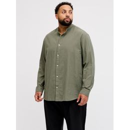 Jack & Jones PlusSize Langarmhemd "JJEBREEZE LINEN BLEND BAND SHIRT L PLS", Herren, Gr. 4XL, N-Gr, dusty olive, Web, Obermaterial: 70% Baumwolle, 30% Leinen, JACK & JONES PLUSSIZE, Hemden Langarmhemd, mit Stehkragen