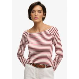 Langarmshirt Superdry "BARDOT OFF SHOULDER TOP", Damen, Gr. M, bordeaux rot stripe, Single Jersey, Obermaterial: 100% Baumwolle, gestreift, regular fit normal, U-Boot-Ausschnitt, Shirts Langarmshirt, mit U-Boot Ausschnitt und Wellenkante am Bund