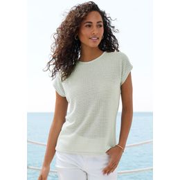 Kurzarmshirt Vivance "aus b&uuml;gelfreiem Waffelstrick", Damen, Gr. 36/38, gr&uuml;n (mint), Strick, Obermaterial: 64% Polyester, 34% Viskose, 2% Elasthan, leicht transparent, unifarben, bequem, Rundhals, Shirts Kurzarmshirt, Topseller