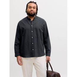 Jack & Jones PlusSize Langarmhemd "JJEBREEZE LINEN BLEND BAND SHIRT L PLS", Herren, Gr. 5XL, N-Gr, schwarz, Web, Obermaterial: 70% Baumwolle, 30% Leinen, JACK & JONES PLUSSIZE, Hemden Langarmhemd, mit Stehkragen