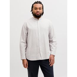 Jack & Jones PlusSize Langarmhemd "JJEBREEZE LINEN BLEND BAND SHIRT L PLS", Herren, Gr. 4XL, N-Gr, string, Web, Obermaterial: 70% Baumwolle, 30% Leinen, JACK & JONES PLUSSIZE, Hemden Langarmhemd, mit Stehkragen