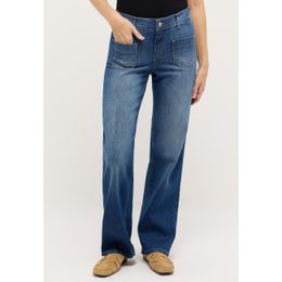 High-waist-Jeans Angels "Liz Smart", Damen, Gr. 34, L&auml;nge 30, mid blau used, Denim/Jeans, Obermaterial: 91% Baumwolle, 6% Polyester, 3% Elasthan, unifarben, relaxed fit lang, Jeans High-waist-Jeans, mit ausgestelltem Bein und Stretch
