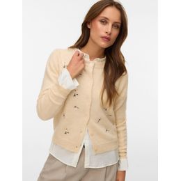 V&eacute;ro Moda Strickjacke VERO MODA "VMFIORELLA EMB LS O-NECK SHORT CARD BOO", Damen, Gr. M, birch detail:solid with embro as sample, Strick, Obermaterial: 79% Polyester, 13% Polyacryl, 5% Wolle, 3% Elasthan, bestickt, unifarben, regular fit normal, Rundhals, Strickjacken Strickjacke, mit Blumenstickerei