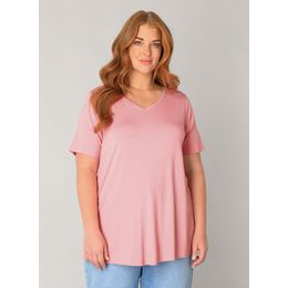 T-Shirt Base Level Curvy "Alba", Damen, Gr. 44, soft pink, Single Jersey, Obermaterial: 94% Viskose, 6% Elasthan, figurumspielend h&uuml;ftlang, V-Ausschnitt, abgesteppt, Shirts T-Shirt, mit V-Ausschnitt