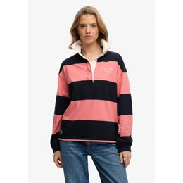 Langarm-Poloshirt Superdry "HERITAGE STRIPE RUGBY TOP", Damen, Gr. XL, navy, preppy pink, Single Jersey, Obermaterial: 100% Baumwolle, gestreift, oversize normal, Rundhals, Shirts Langarm-Poloshirt