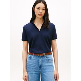 Poloshirt Tommy Hilfiger "LYOCELL PIQUE OPEN-NK SS POLO", Damen, Gr. S (36/38), schwarz night navy, Single Jersey, Obermaterial: 65% Lyocell, 32% Baumwolle, 3% Elasthan, unifarben, gerade normal, V-Ausschnitt, Shirts Poloshirt, mit kleinem Logo-Stick