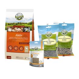 Futterset f&uuml;r k&ouml;rperlich aktive Hunde - Premium PUR Aktiv + Fitness Pulver + Soft-Snacks
