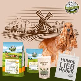 Special Set f&uuml;r Cocker Spaniel - Freiland-Schmaus + Shiimun Skin + Fleischstreifen Huhn + Jutebeutel