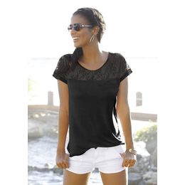 Lascana Strandshirt schwarz Gr. 32/34 f&uuml;r Damen. Rundhals und Spitze. Figurumspielend