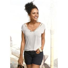 s.Oliver T-Shirt beige Gr. 36/38 f&uuml;r Damen. Mit V-Ausschnitt. Figurumspielend. Nachhaltig.