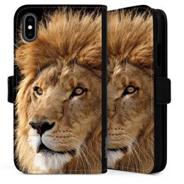 DeinDesign iPhone X Handy Klapph&uuml;lle Handyh&uuml;lle aus Kunst Leder schwarz Flip Case Jungle Lion Photography Sideflip mit langer Lasche