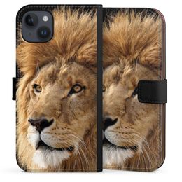DeinDesign iPhone 14 Plus Handy Klapph&uuml;lle Handyh&uuml;lle aus Kunst Leder schwarz Flip Case Jungle Lion Photography Sideflip mit langer Lasche