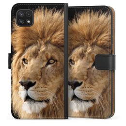 DeinDesign Galaxy A22 5G Handy Klapph&uuml;lle Handyh&uuml;lle aus Kunst Leder schwarz Flip Case Jungle Lion Photography Sideflip mit langer Lasche