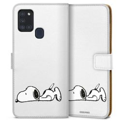 DeinDesign Galaxy A21s Handy Klapph&uuml;lle Handyh&uuml;lle aus Kunst Leder wei&szlig; Flip Case Official Licensed Product Snoopy Peanuts Sideflip mit Lasche
