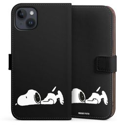 DeinDesign iPhone 14 Plus Handy Klapph&uuml;lle Handyh&uuml;lle aus Kunst Leder schwarz Flip Case Official Licensed Product Snoopy Peanuts Sideflip mit langer Lasche